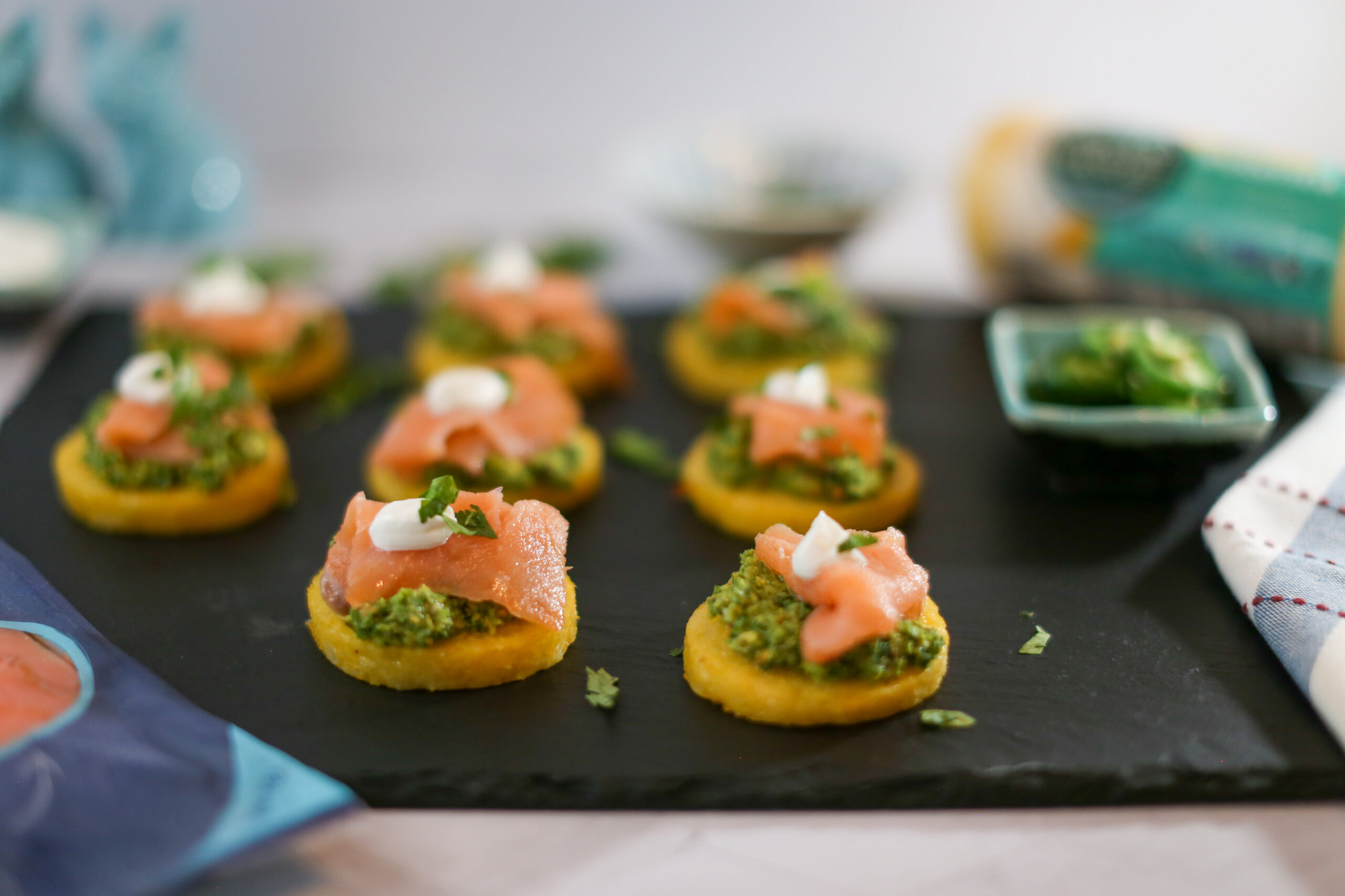 Polenta and smoked salmon with Jalapeño-Lime Pesto - Ancient Harvest